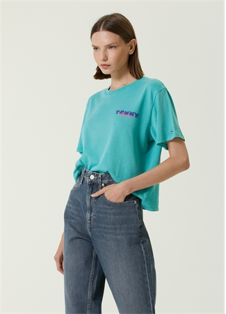 Tommy Jeans Kadın Vintage Turkuaz Baskılı Organik Pamuk T-shirt Mavi S EU