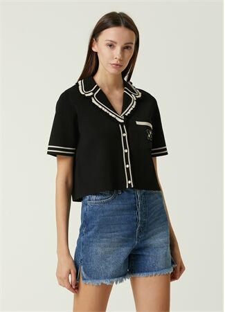 Sandro Kadın Siyah Beyaz Biyeli Kısa Kol Hırka 0 US