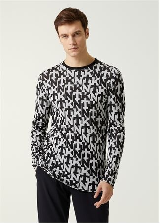 Knt Erkek Siyah Beyaz Logolu Kaşmir T-shirt XL EU
