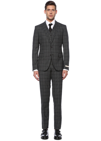Beymen Collection Erkek Drop 8 Gri Yelekli Ekose Desenli Yün Takım Elbise 50 IT