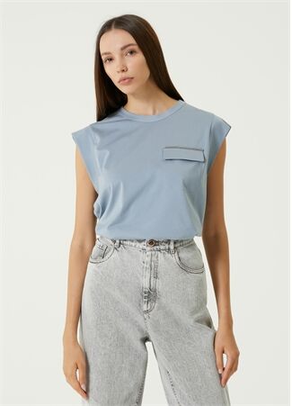 Brunello Cucinelli Kadın Mavi Cep Detaylı T-shirt L EU