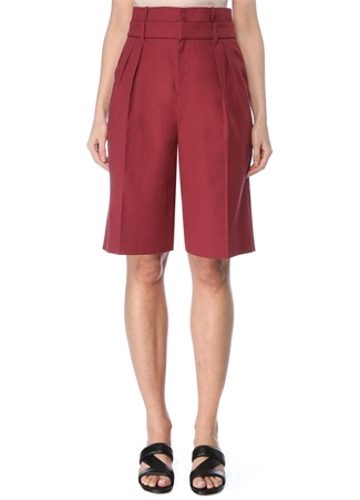 Brunello Cucinelli Kadın Bordo Yüksek Bel Pilili Keten Şort 38 IT