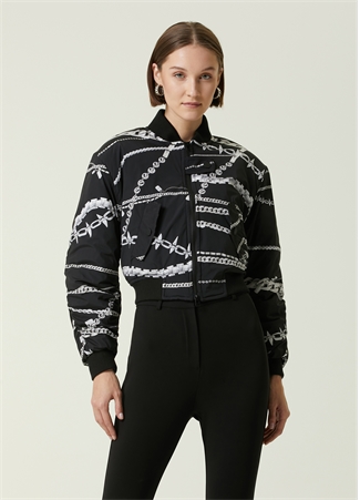 Academia Kadın Siyah Dik Yaka Zincir Desenli Bomber Mont 42
