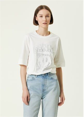 Ganni Kadın Beyaz Logo Baskılı Organik Pamuk T-shirt S EU Ganni Kadın Beyaz Logo Baskılı Organik Pamuk T-shirt S EU