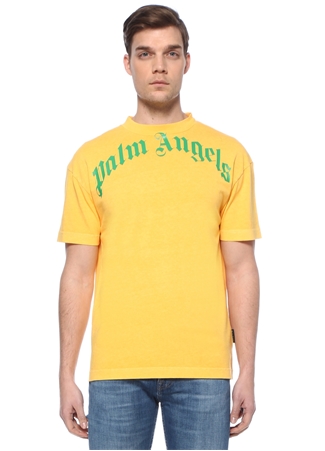 Palm Angels Erkek Sarı Bisiklet Yaka Logolu T-shirt XL EU Palm Angels Erkek Sarı Bisiklet Yaka Logolu T-shirt XL EU
