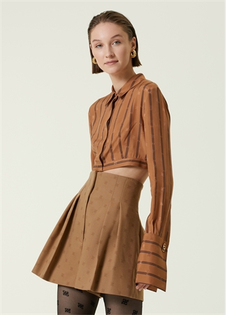 Fendi Kadın Kamel Çizgi Desenli Logolu İpek Bluz Kahverengi 42 IT