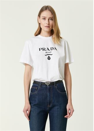 Prada Kadın Beyaz Bisiklet Yaka Logolu T-shirt XS EU