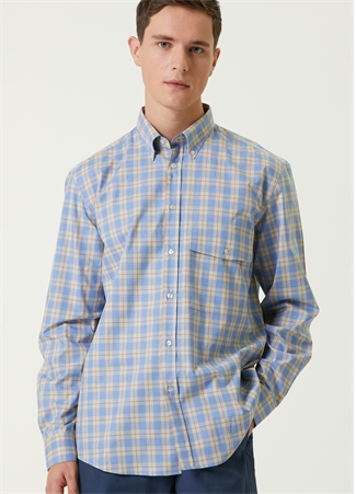 Palzileri Lab Erkek Mavi Düğmeli Yaka Kareli Gömlek Sarı 4 IT
