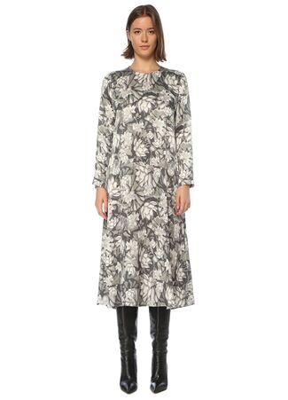 Beymen Collection Kadın Gri Çiçekli Uzun Kol Midi Saten Elbise 34