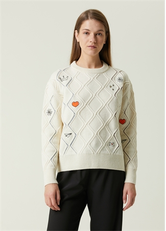 Beymen Club Kadın Ekru Bisiklet Yaka Nakışlı Yün Kazak Beyaz M