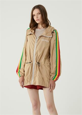 Palm Angels Kadın Bej Kapüşonlu Şerit Detaylı Yağmurluk XS EU