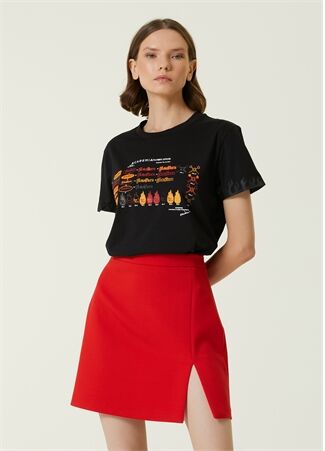 Academia Kadın Siyah Bisiklet Yaka Baskılı T-shirt XS