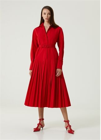 Valentino Kadın VLogo Kırmızı Kemerli Midi Gömlek Elbise 42 IT