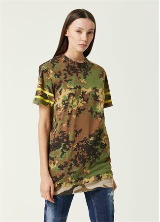 Dsquared2 Kadın Yeşil Bisiklet Yaka Kamuflaj Desenli T-shirt S EU