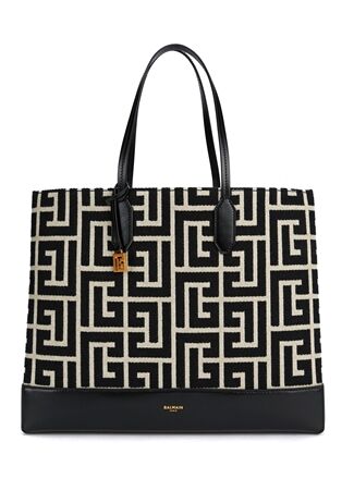 Balmain Kadın Folded L Siyah Ekru Jakarlı Alışveriş Çantası EU