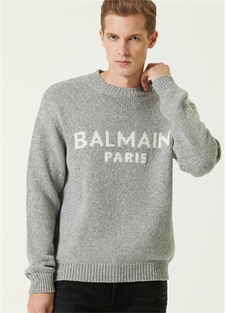 Balmain Erkek Gri Logo Jakarlı Yün Triko M EU Balmain Erkek Gri Logo Jakarlı Yün Triko M EU
