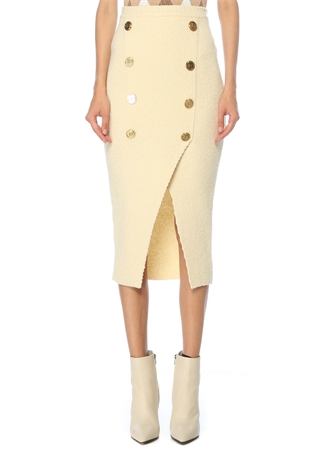 Balmain Kadın Krem Yırtmaç Detaylı Midi Yün Triko Etek Bej 40 FR