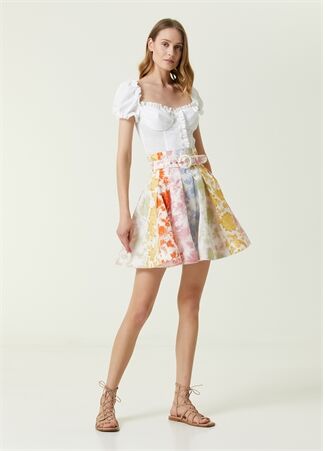 Zimmermann Kadın Colorblock Çiçekli Beli Kemerli Mini Keten Etek US