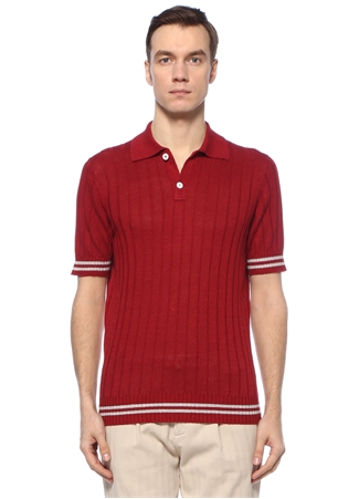 Brunello Cucinelli Erkek Kırmızı Polo Yaka Şeritli Kısa Kollu Keten Triko 48 IT