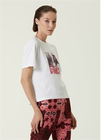 Les Benjamins Kadın Beyaz Bisiklet Yaka Baskılı T-shirt S EU