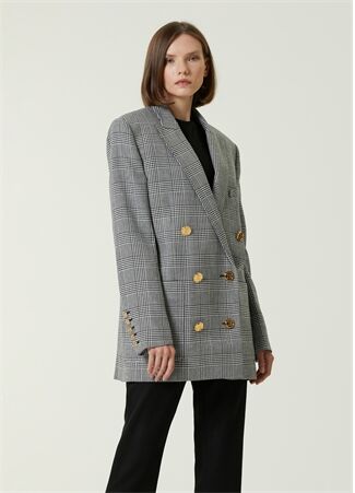 Balmain Kadın Siyah Beyaz Ekoseli Kruvaze Ceket 36 FR