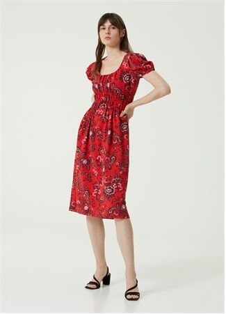 Erdem Kadın Kırmızı Desenli Balon Kollu Midi Elbise 0 US