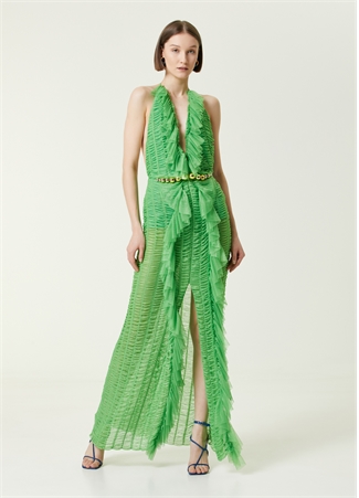 Raisa Vanessa Kadın Yeşil Fırfırlı Maksi Şifon Abiye Elbise 36 EU