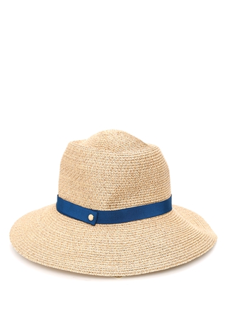 Inverni Kadın Bej Bantlı Sepet Dokulu Şapka Lacivert 57 EU