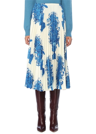 Valentino Kadın Ekru Mavi Desenli Pilili Midi İpek Etek 42 IT