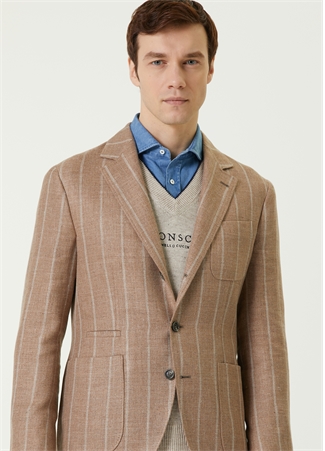 Brunello Cucinelli Erkek Bej Kelebek Yaka Çizgi Desenli Keten Ceket 48 IT Brunello Cucinelli Erkek Bej Kelebek Yaka Çizgi Desenli Keten Ceket 48 IT