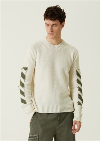 Off-White Erkek Ekru Yeşil Logo Jakarlı Yün Kazak M EU Off-White Erkek Ekru Yeşil Logo Jakarlı Yün Kazak M EU