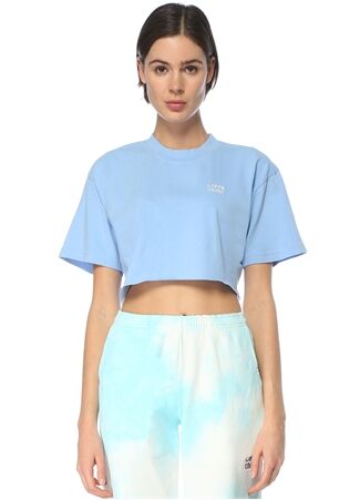 Livincool Kadın Mavi Bisiklet Yaka Crop T-shirt S EU