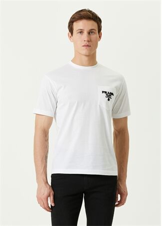 Prada Erkek Beyaz Logolu Cep Detaylı T-shirt M EU