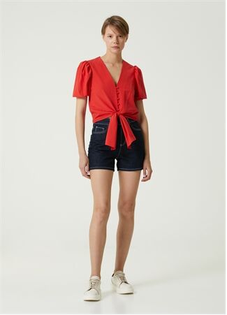 Beymen Club Kadın Mercan V Yaka Beli Bağcıklı Poplin Bluz Kırmızı S