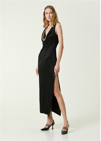 Versace Kadın Siyah Gold Aksesuar Detaylı Midi Abiye Elbise 40 IT