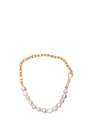 Linya Jewellery Kadın Gold Beyaz Barok İncili Gümüş Rengi Kolye Altın EU