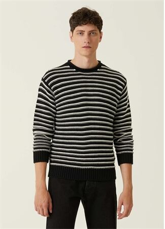 Emporio Armani Erkek Lacivert Beyaz Şeritli Yün Kazak L EU