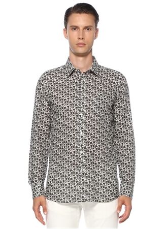 Palzileri Lab Erkek Siyah Beyaz Modern Yaka Çiçekli Keten Gömlek Kahverengi 40 IT