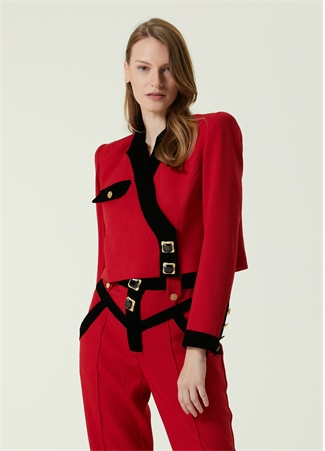 Raisa Vanessa Kadın Kırmızı Siyah Taşlı Düğmeli Kruvaze Ceket 38 EU Raisa Vanessa Kadın Kırmızı Siyah Taşlı Düğmeli Kruvaze Ceket 38 EU