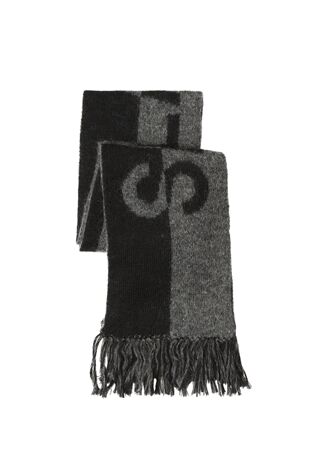 Kadın Siyah Gri Logolu Yün Atkı EU