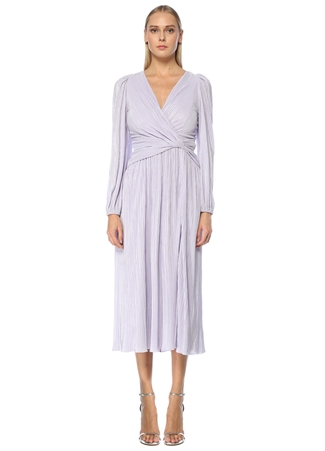 Jonathan Simkhai Kadın Lila V Yaka Drapeli Midi Kokteyl Elbise Mor 2 US
