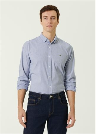 Lacoste Erkek Slim Fit Mavi Çizgi Desenli Gömlek S EU