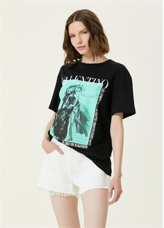 Valentino Kadın Siyah Bisiklet Yaka Baskılı T-shirt Xs Eu