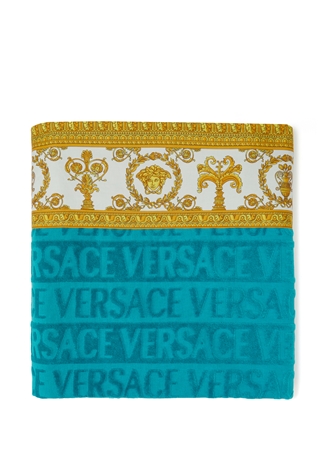 Versace Mavi Logo Jakarlı Banyo Havlusu Versace Mavi Logo Jakarlı Banyo Havlusu