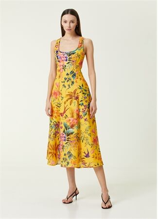 Zimmermann Kadın Sarı Çiçekli Sırt Detaylı Midi Keten Elbise 0 US