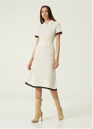 Fendi Kadın Beyaz Ucu Şeritli Midi Triko Etek 42 IT