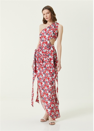 Gül Hürgel Kadın Kırmızı Çiçekli Asimetrik Maksi Keten Elbise Mavi S EU