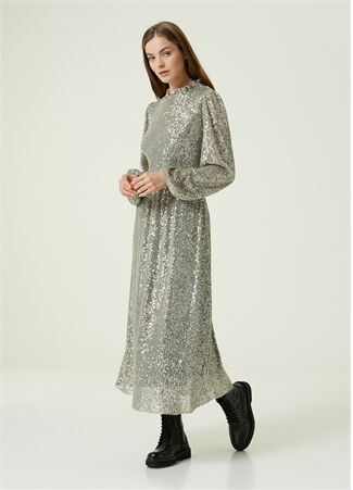 Beymen Club Kadın Silver Dik Yaka İşlemeli Midi Elbise Gri 42