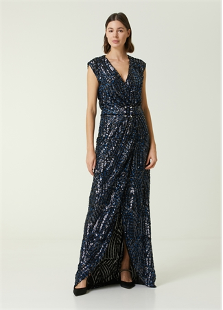 Maison Kairos Kadın Siyah Saks Yırtmaçlı Payetli Maxi Abiye Elbise Mavi 36 EU Maison Kairos Kadın Siyah Saks Yırtmaçlı Payetli Maxi Abiye Elbise Mavi 36 EU
