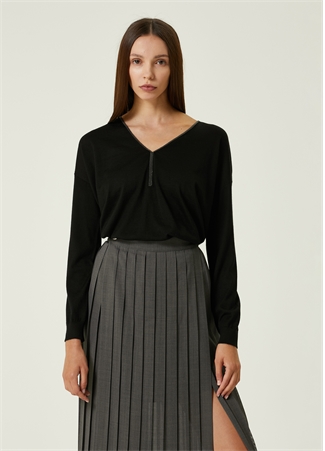 Brunello Cucinelli Kadın Siyah V Yaka Zincir Şeritli Kaşmir Kazak S EU Brunello Cucinelli Kadın Siyah V Yaka Zincir Şeritli Kaşmir Kazak S EU